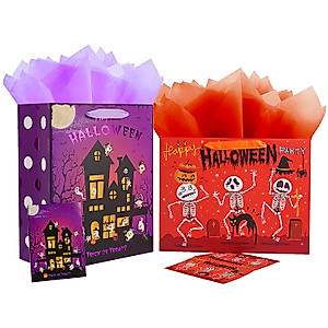 Jaywayang 2Pcs 12.6" Large Happy Halloween Paper Gift Bags with Card and Tissue Paper for Kids Halloween Presents Warpping, Holiday, Trick or Treat Party.