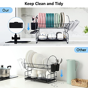 Housen Solutions Dish Drying Rack, 2 Tier Rust-Resistant Dish Rack with Drainboard, Dish Racks for Kitchen Counter with Glass and Utensil Holder