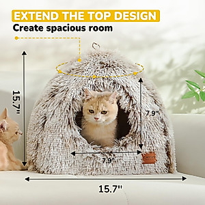 CATISM Cat Bed, Cat Cave for Indoor Cats, Soft Cat Dome, Self-Warming 2 in 1 Foldable Pet Cat House with Washable Cushioned Pillow Calming Fluffy Dog Beds for Small Dogs with Anti-Slip Bottom Brown