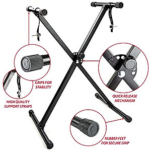 RockJam 61 Key Keyboard Piano Stand With Pitch Bend Kit, Piano Bench, Headphones, Simply Piano App & Keynote Stickers
