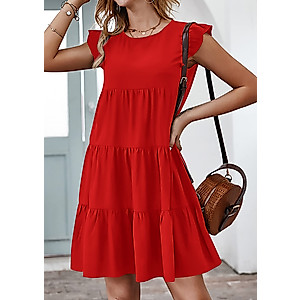 KIRUNDO Valentines Dress for Women Summer Sleeveless Ruffle Sleeve Round Neck Loose Short Flowy Pleated Mini Babydoll Sundresses, Red, Medium