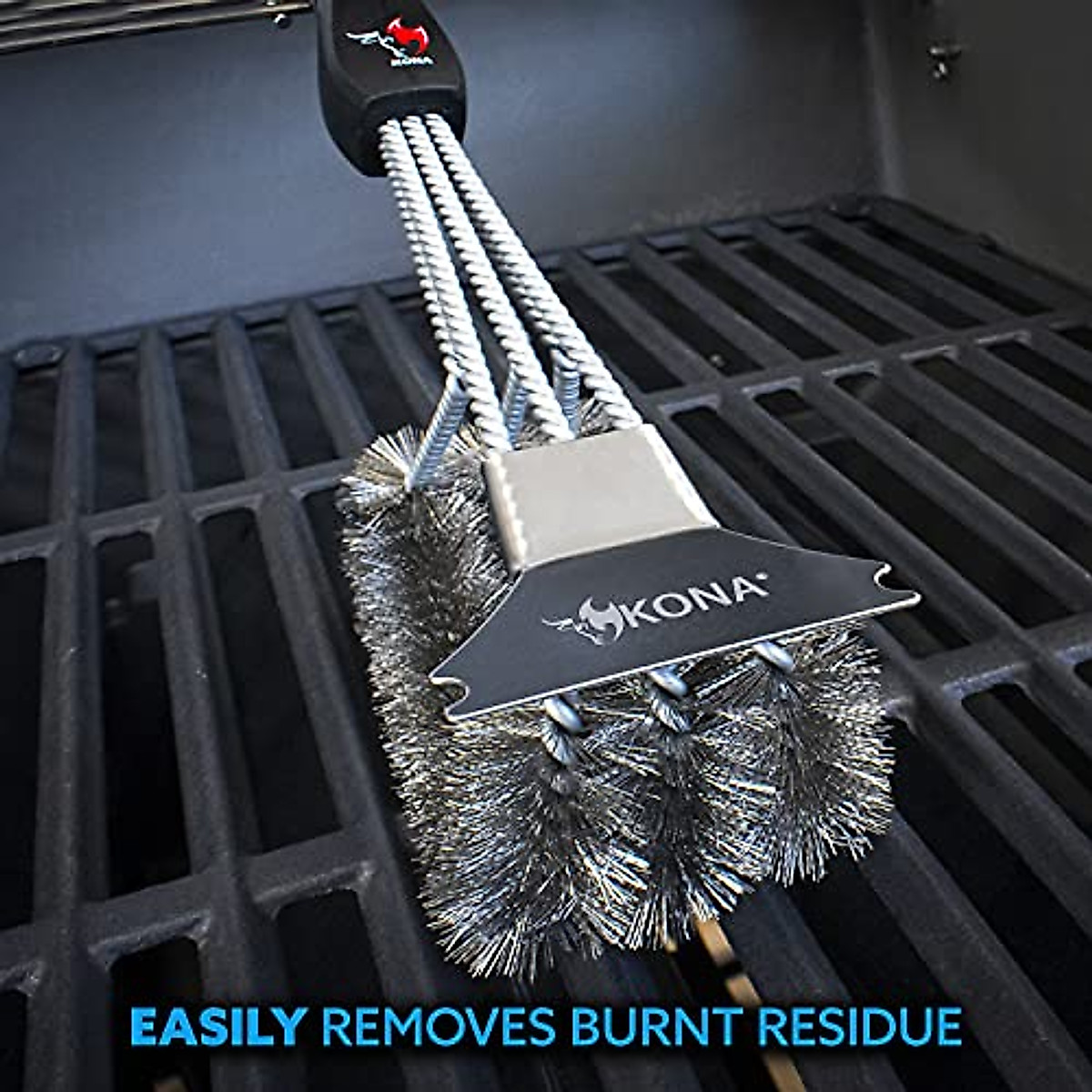 Kona Grill Brush and Scraper - 360 Straight Edge - Compatible with Weber and Pellet Grill Brands - BBQ Cleaner Fits All Grills, Stainless Steel, Cast Iron, Porcelain - Flex Grip Handle