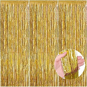 Wrbin Gold Laser Tinsel Curtain Backdrop, 3 Packs of 3.3 X 8.2 Feet Foil Fringe Curtains Party Decorations for Graduation Birthday Studio Baby Shower