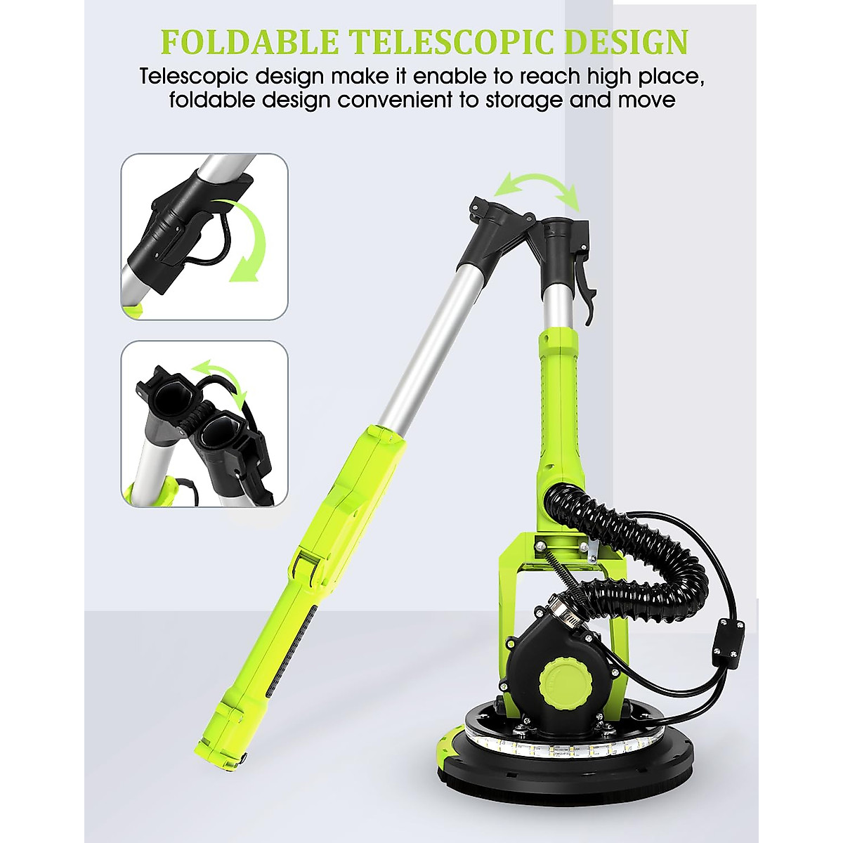 Drywall Sander, MYTOL 7.2A Electric Wall Sander with Vacuum Dust Collection, 6 Adjustable Speeds 900-1800RPM, LED Light, Extendable Handle, Foldable Electric Drywall Sanders 12Pcs Sanding discs-H21K3