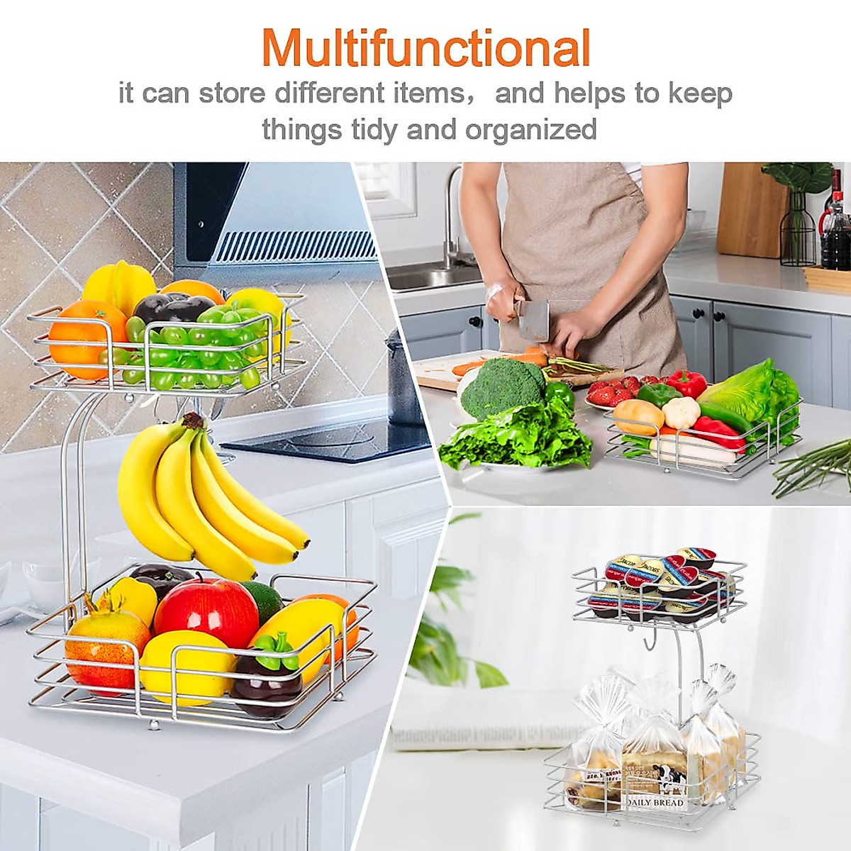 Kufutee 2 Tier Countertop Fruit Basket,Vegetables Bowl Storage With Banana Hanger,Sliver