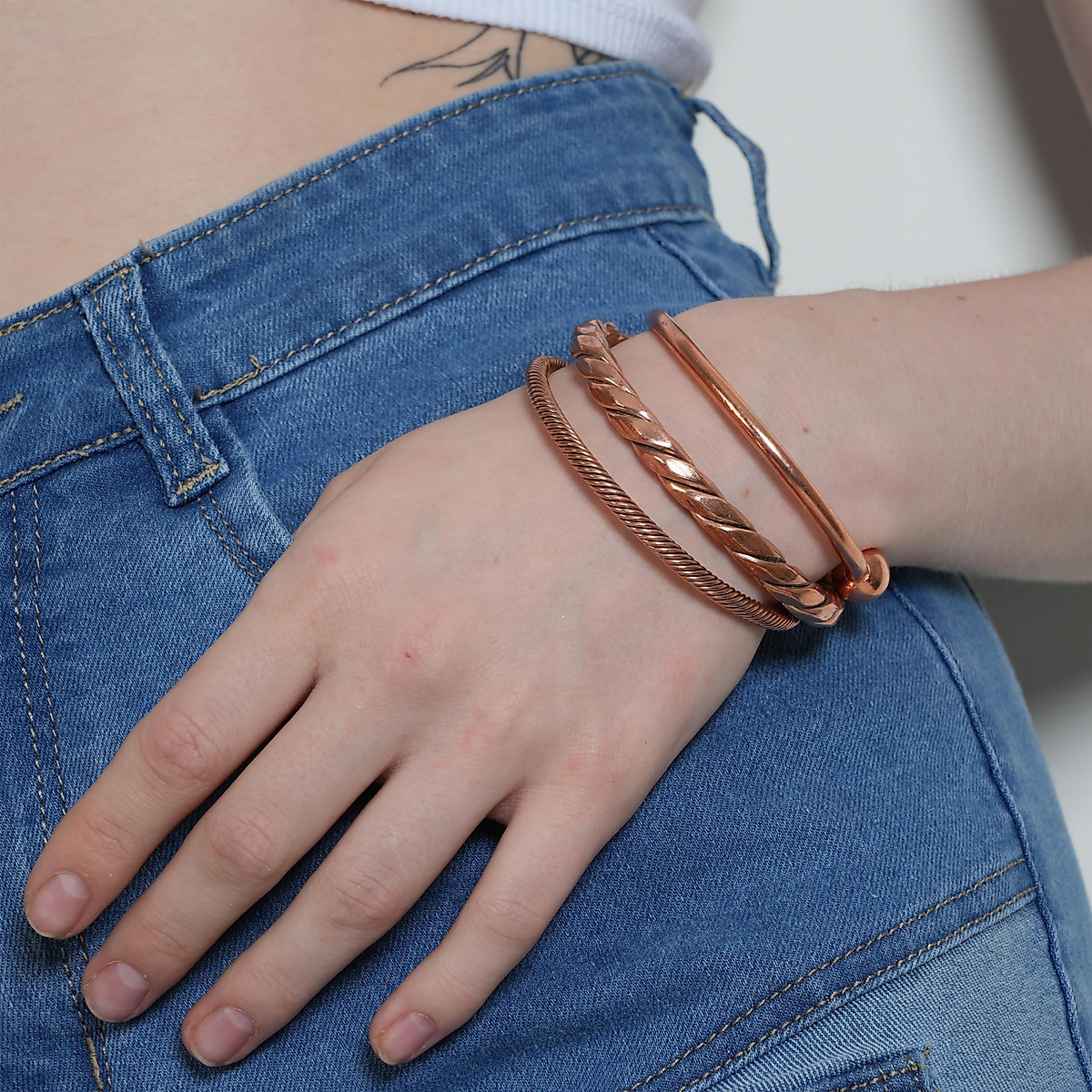 Touchstone copper magnetic bracelet tibetan style. hand forged with solid and high gauge pure copper. set of 3 different designs in twisted pipe braided wires style.