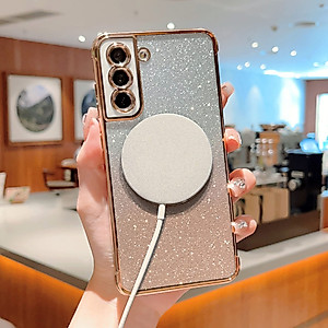 phylla for Samsung Galaxy S21 FE Magnetic Gradient Glitter Phone Case Compatible with Magsafe Luruxy Plated Cute Bling Clear Cover for Women Soft Silicone Shockproof Bumper for S21 FE 5G 6.4” (Gold)