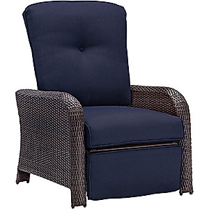 Hanover Strathmere Outdoor Recliner Chair with Thick Foam Weather-Resistant Navy Blue Cushions, Steel Frames, Brown Wicker, Luxury Outdoor Recliner for Patio, Deck, Backyard, or Porch
