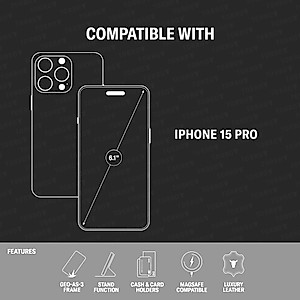 TORRO Premium Leather Case Compatible with iPhone 15 Pro 6.1" – Genuine Leather Wallet Flip Folio Case with Kickstand and Card Slots (Compatible with Official MagSafe Chargers) - Black