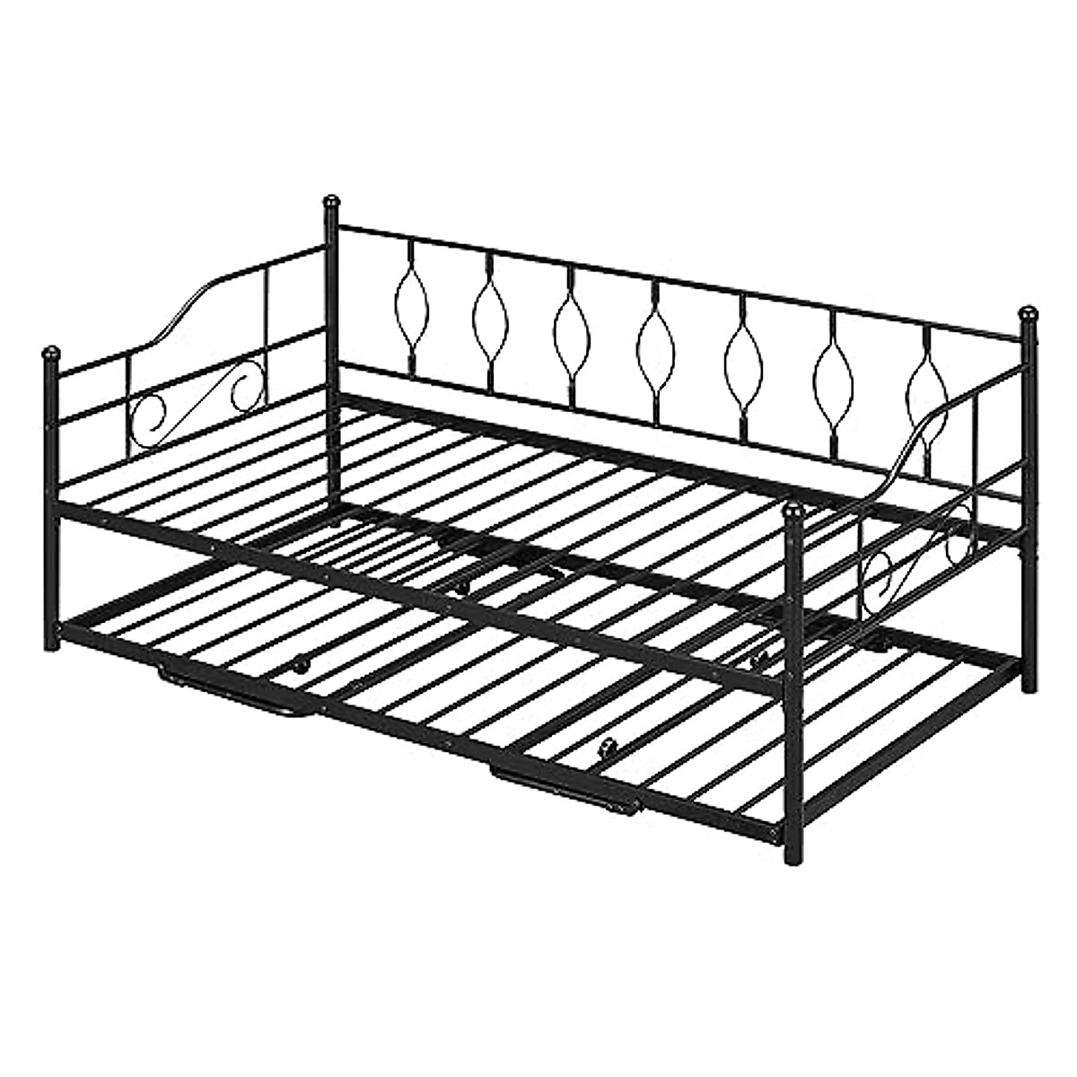 RORIGAT Twin Daybed with Trundle, Metal Day Bed with Adjustable Trundle, Twin to King Daybed with Portable Folding Trundle for Kids Teens Adults, Heavy Duty Steel Slat Support, Black