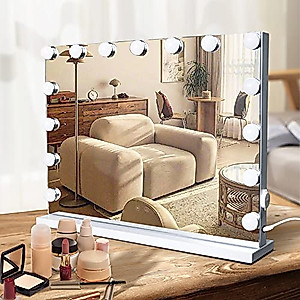 SLIMOON Hollywood Vanity Mirror with Lights, 15 Dimmable LED Bulbs 3 Color Lighted Makeup Mirror with Detachable 10X Magnification Mirror, Tabletop or Wall-Mounted, Touch Control