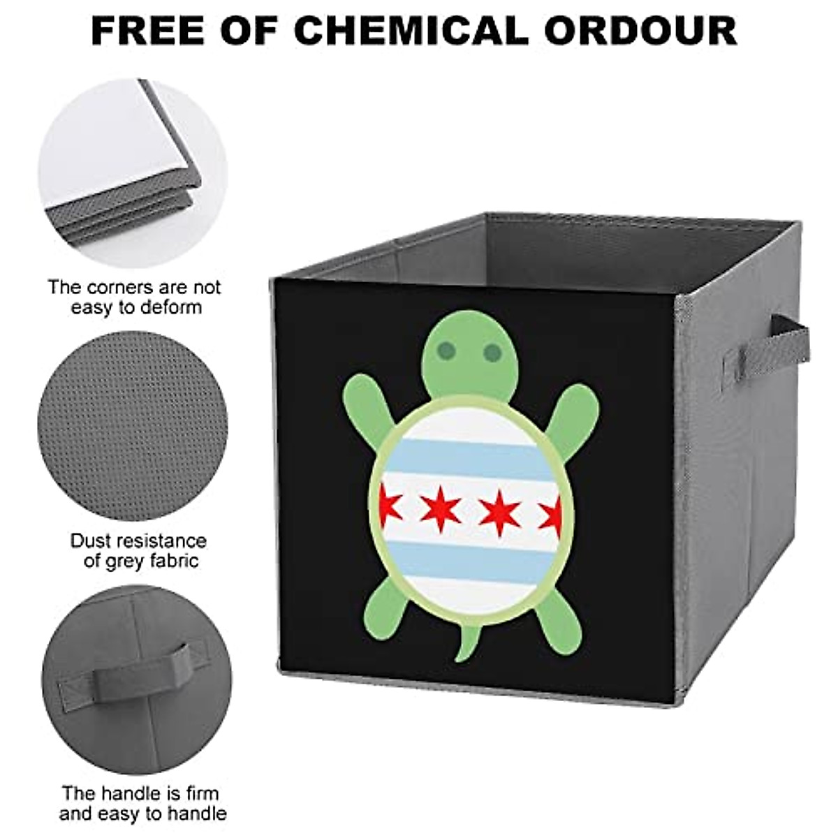 Chicago Flag Turtle Foldable Storage Bins Printd Fabric Cube Baskets Boxes with Handles for Clothes Toys, 11x11x11