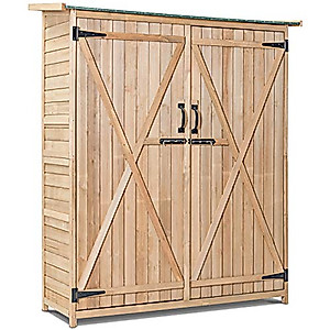 Goplus Outdoor Storage Cabinet, Wooden Garden Shed with Double Lockable Doors & Lean-to Roof, Vertical Tool Organizer for Backyard Patio Deck