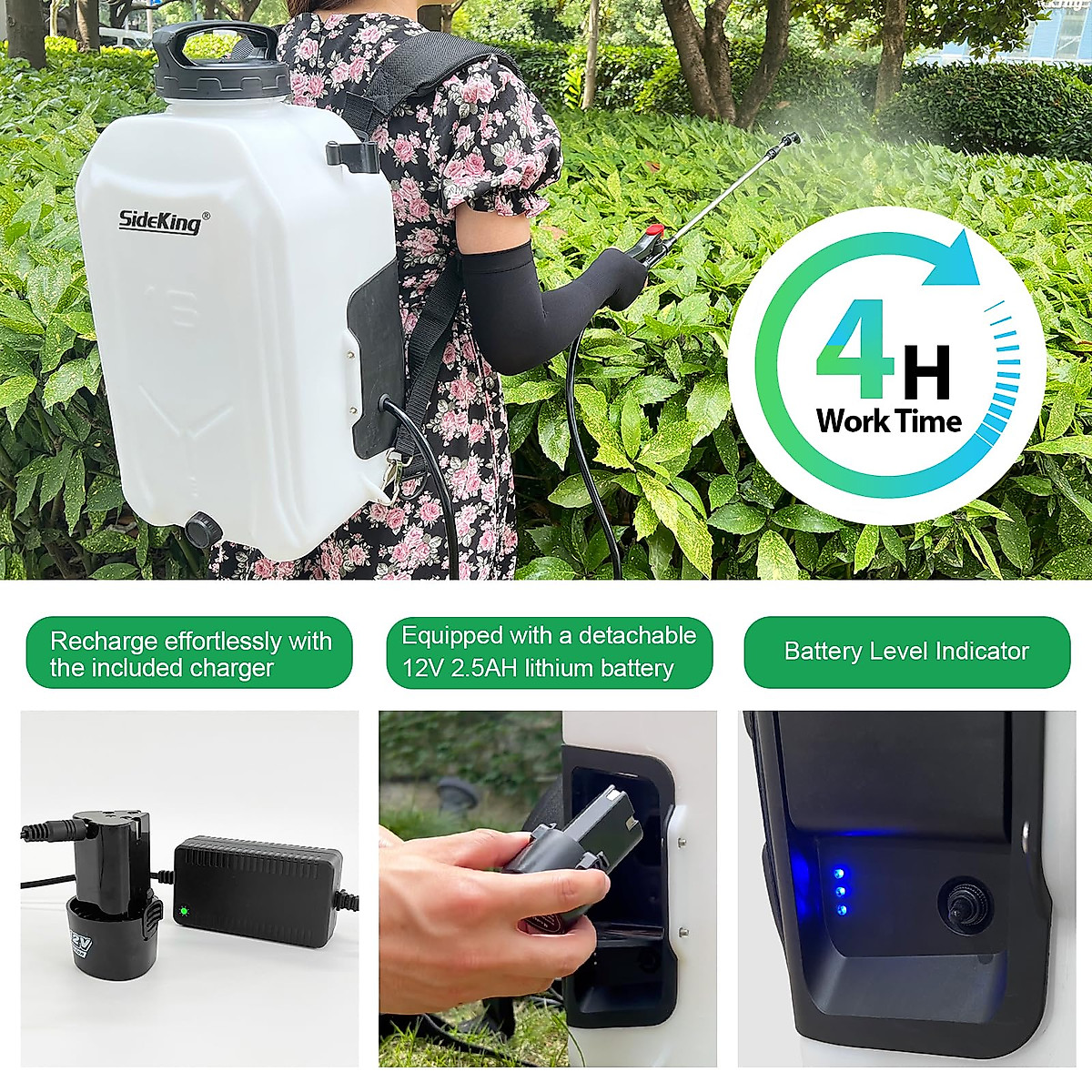 SideKing Battery Powered Backpack Sprayer 4 Gallon, Powerful Electric Garden Sprayer with 12V Rechargeable Battery, Telescopic Wand with Trigger-Lock and 4 Mist Nozzles (Charger Included)