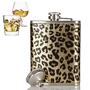 Liquor-Flasks for Women - Stainless-Steel Cute Print-Leopard Liquor-Flasks Leak-Proof with Funnel Set 7 OZ (Leopard)