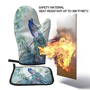 Dujiea Home Kitchen Oven Mitts and Potholders Set, Beautiful Peacock Heat Resistant Waterproof Non Slip BBQ Gloves Hot Pad Set for Baking Cooking Grilling