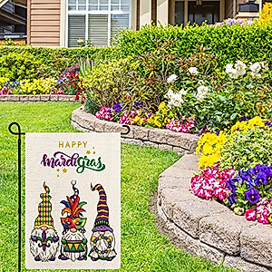 YOVOYOA Happy Mardi Gras Gnome Garden Flag 12.5x18 Inch Double Sided Masquerade Mask Bead Fleur de Lis New Orleans Holiday Party Yard Outdoor Decoration