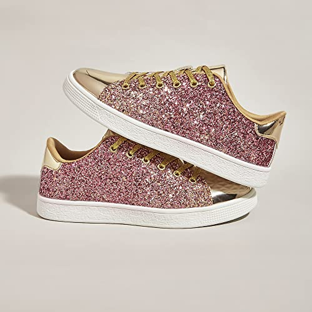 LUCKY STEP Glitter Sneakers Lace up | Fashion Sneakers | Sparkly Shoes for Women (10 B(M) US, Gold)