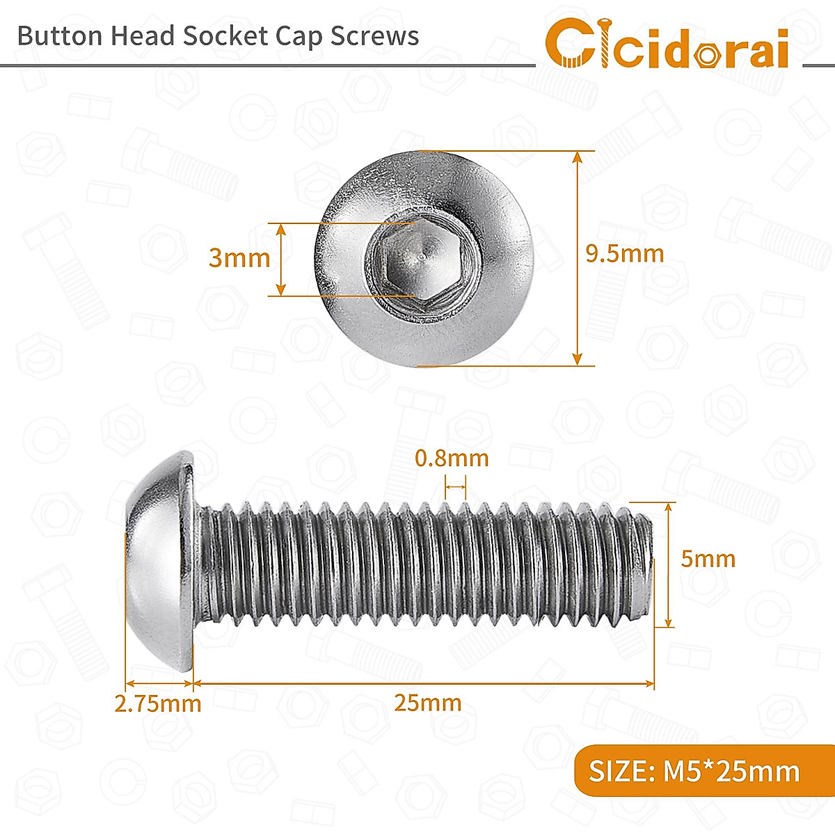Cicidorai M5-0.8 x 25mm Button Head Socket Cap Bolts Screws, 304 Stainless Steel 18-8, Allen Socket Drive, Full Machine Threads, Quantity 50
