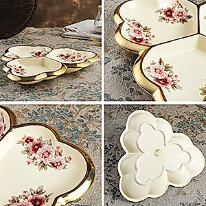 fanquare 3 Compartment Platter, Gold Porcelain Appetizer Serving Tray, Floral Ceramic Divided Serving Plate for Fruit, Candy, Nuts
