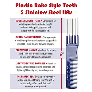 Teasing Comb With Metal Lifts - 6” Plastic Teaser Rake and Stainless Steel Lifting Prongs – Heat and Chemical Resistant – Wig and Hair Styling Tools by Adolfo Design