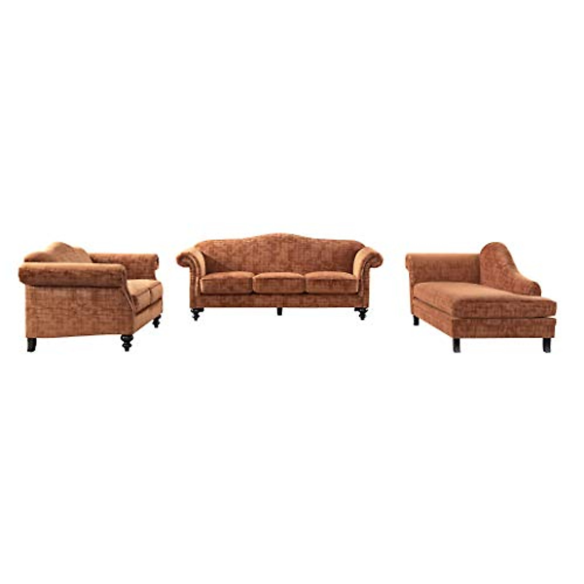 Acanva Collection Mid-Century Vintage Velvet Camelback Living Room Sofa, 3 Piece Set, Tangerine