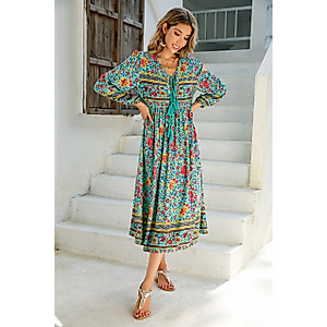 R.Vivimos Women's Long Sleeve Floral Print Retro V Neck Tassel Bohemian Midi Dresses (Medium, Green)