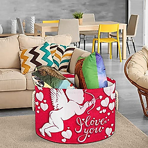 Love You Heart Pattern Large Round Baskets for Storage Laundry Baskets with Handles Blanket Storage Basket for Bathroom Shelves Bins for Organizing Nursery Hamper Girl Boy