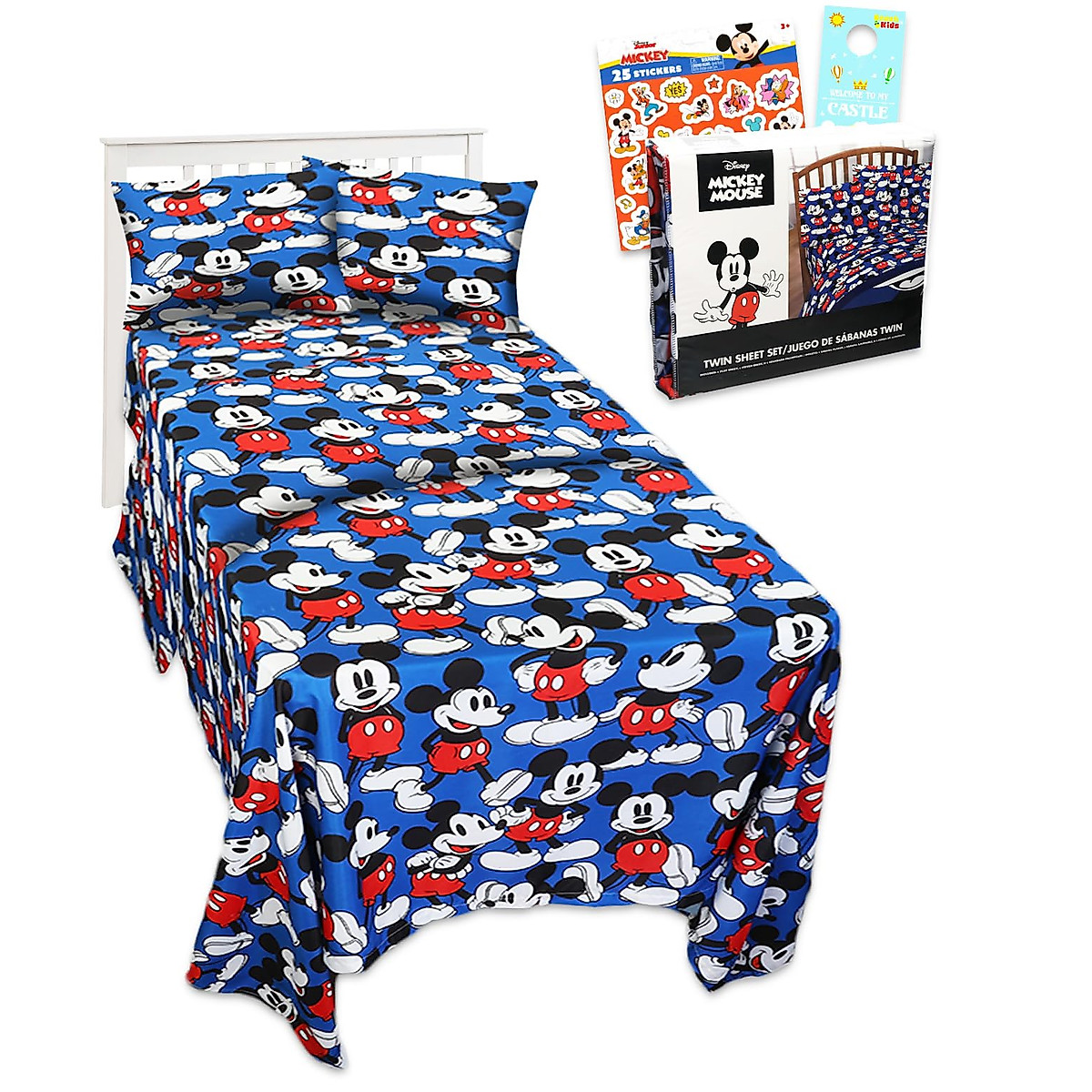 Mickey Mouse Twin Bedding Set for Toddlers - Bundle Includes Mickey Mouse Sheets with Flat Sheet, Fitted Sheet, and Pillowcase for Twin Bed Plus Stickers, More | Mickey Mouse Bedroom Decor