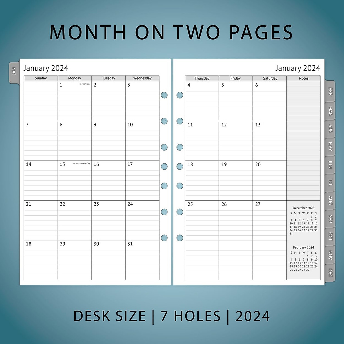 2024 Planner Refills, Weekly and Monthly Appointment Book Inserts, Tabbed, 7 Holes, Classic/Size 4