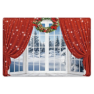 LB Merry Christmas Bath Mat Winter Snow Forest Out of Window Area Rug for Bathroom White Snowflake Red Curtain Doormat Non Slip Memory Foam Super Absorbent Floor Mats,24Wx16H Inch