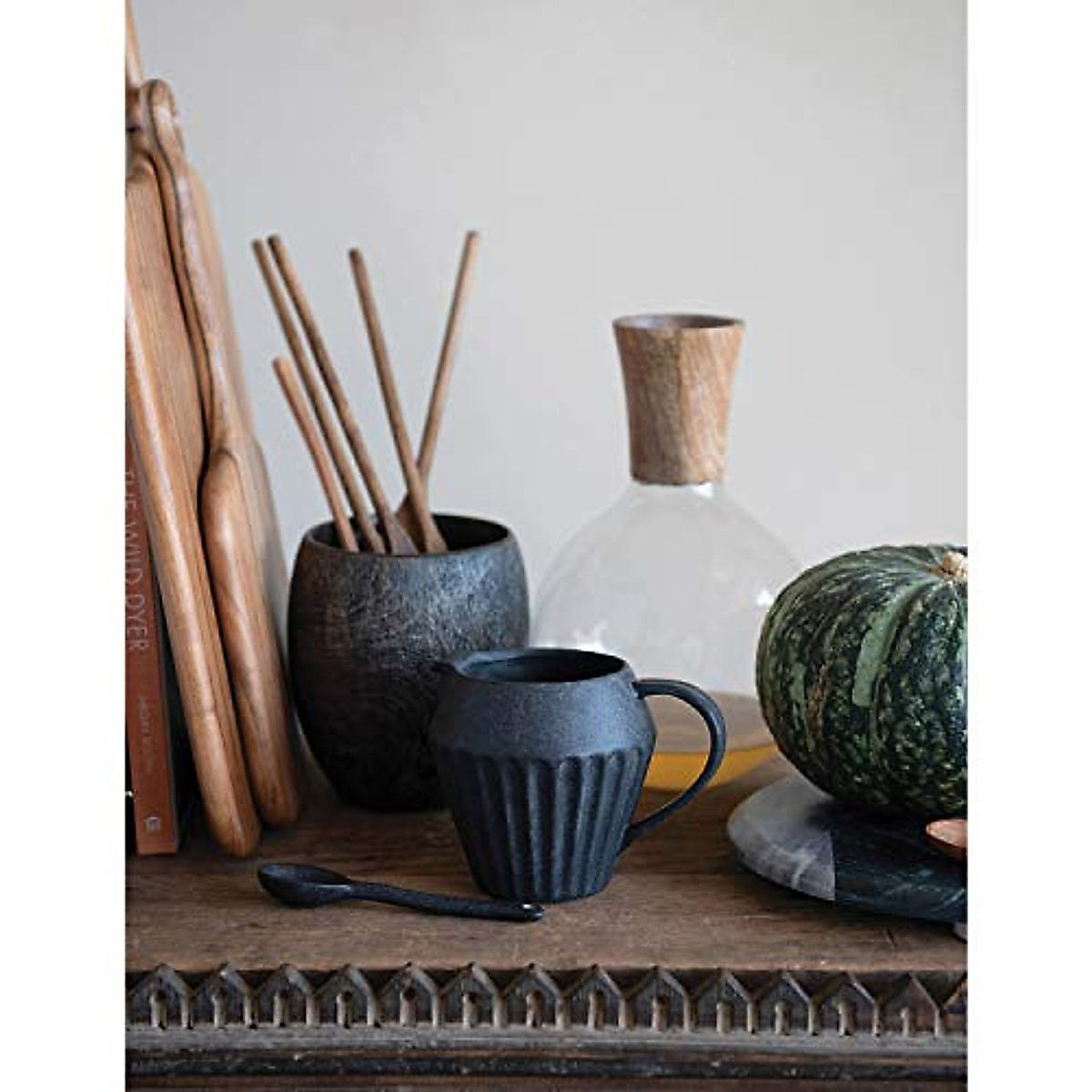 Creative Co-Op 14 oz. Stoneware, Reactive Glaze, Matte Black Finish Pitcher, 4.5"