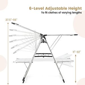Giantex Clothes Drying Rack, Stainless Steel Foldable Laundry Drying Rack with with 6-Level Adjustable Height, High Hanger Design, Side Clips, Space Saving Collapsible Laundry Drying Rack