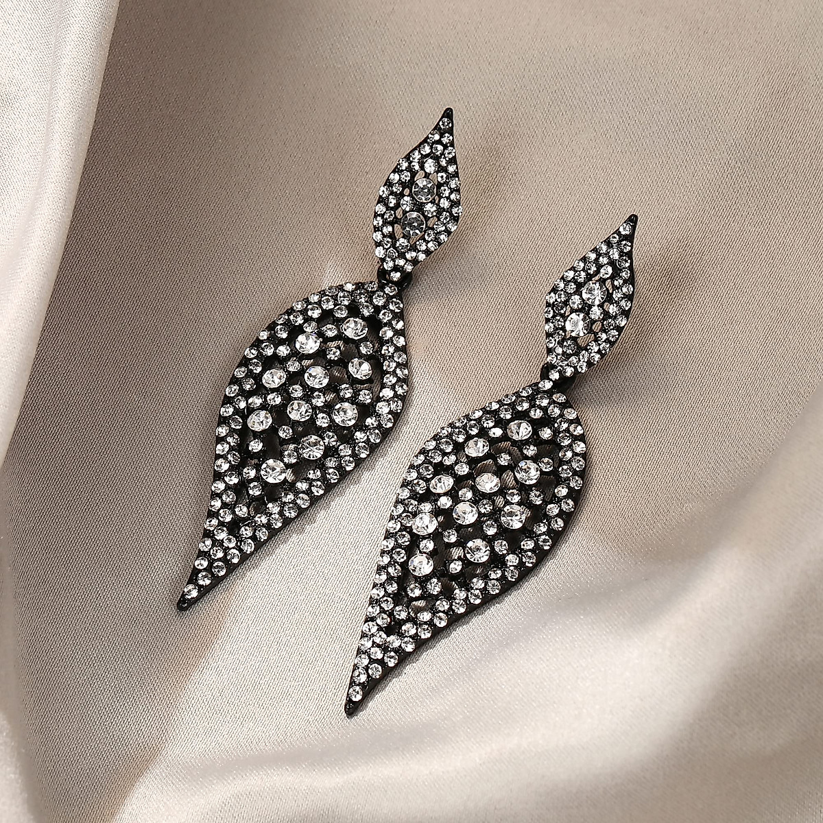 EVER FAITH Chandelier Earrings Round Rhinestone Hollow-out Leaf Drop Pierced dangle Earrings for Costume Jewelry Clear Black-Tone