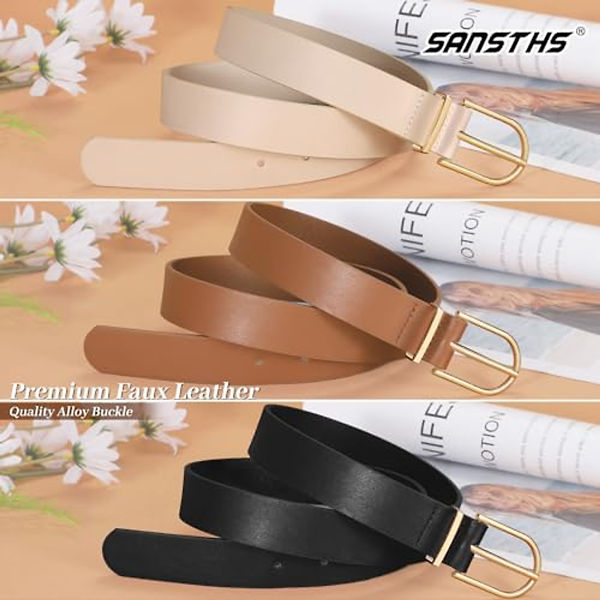 SANSTHS 3 Pack Women Faux Leather Chic Belts for Jeans Pants Fashion Ladies Belt Solid Color with Gold Curved Pin Buckle,Black Brown Beige,S