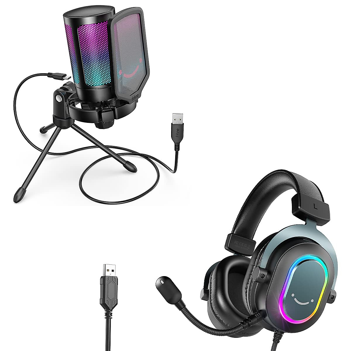FIFINE Gaming RGB Microphone, Streaming USB Headset, Gamer Bundles for PC PS5, Condenser Mic with Quick Mute, RGB, Wired Headphones with 7.1 Surround Sound, for Discord Twitch Podcasts Videos (A6V+H6)