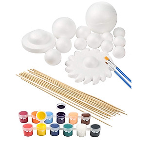 Pllieay Solar System Model Foam Ball Kit Includes 14PCS Mixed Sized Polystyrene Spheres Balls, 12PCS Bamboo Sticks, 12 Color Pigments, 2PCS Painting Brushes for School Science Projects