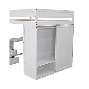 Harper & Bright Designs Full Size Loft Bed with Wardrobes and Desk, Solid Wood Loft Bed Frame with 2 Storage Drawers Cabinet, for Kids Teens Adults (White)