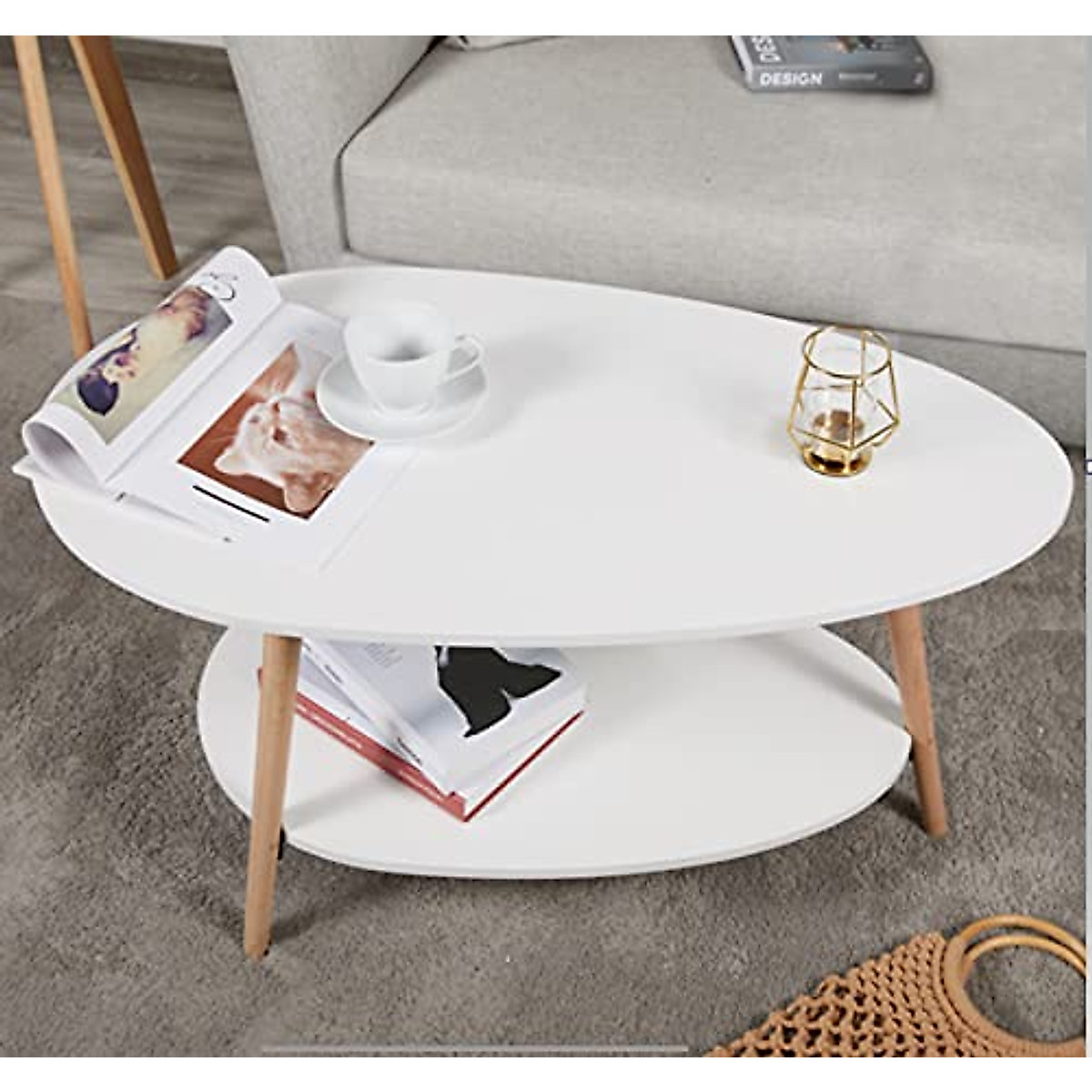 Maupvit Coffee Table-Oval Wood Coffee Table with Open Shelving for Storage and Display 2 Tier Sofa Table, Small Modern Furniture for Living Room&Home Office-White