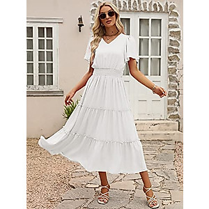 LILLUSORY Womens Modest Graduation Smocked V Neck Flowy Tiered A Line Midi Dresses 2023 Summer Short Flutter Sleeves Empire Waist Derby Long Maxi Dress White