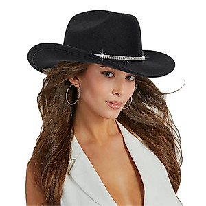 INOGIH Classic Black Western Felt Roll-Up-Brim Cowboy-Hat for Women Men - Bling Cowgirl-Hat Felt Fedora for Disco Parties
