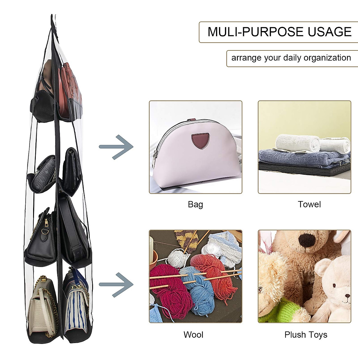 EsLuker.ly 2Pcs Hanging Purse Bag Organizers with 8 Large Easy Access Pockets, Premium Clear Handbag Storage Holder Space Saving Organizer System for Closet Wardrobe (Black)