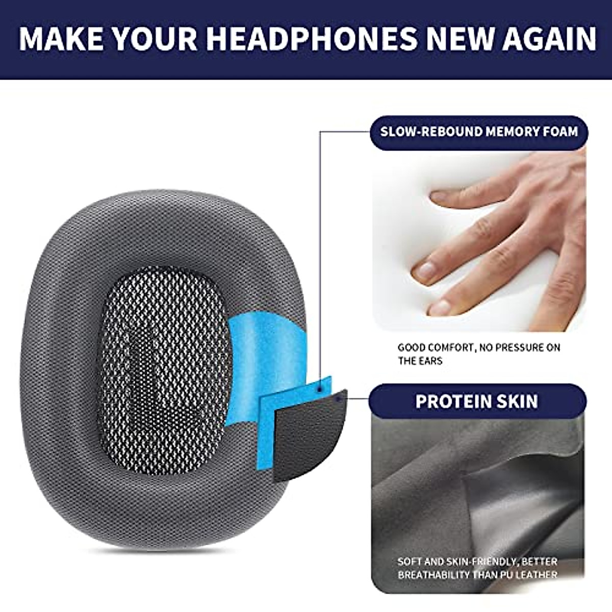 Damex Replacement earpads for Apple airpods max Headphone, Protein Leather Ear Cushion (Gray)
