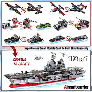 1161 Pieces Aircraft Carrier Building Blocks Set, 13 in 1 Military Battleship Model Building Toy Kit with Armored Tank, Fighter, Patrol Boat & Cannon Roleplay STEM Construction Toys Gift for Kids 6+