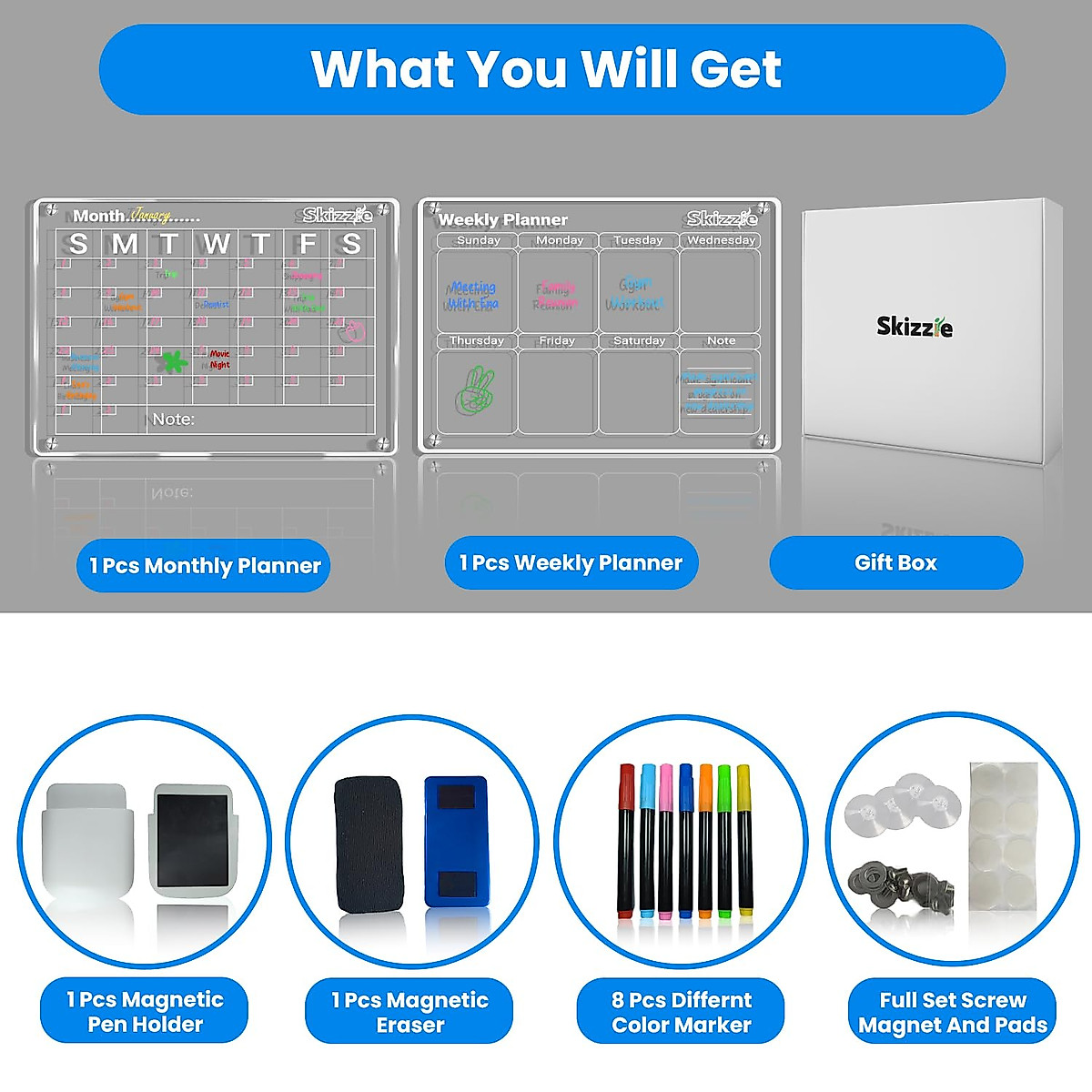 Magnetic Acrylic Calendar for Fridge - 2 pcs Clear Dry Erase Calendar for Weekly & Monthly Planning with 8 Colours Markers, Dry Erase Board with Magnetic Holder and Eraser (16"x12")