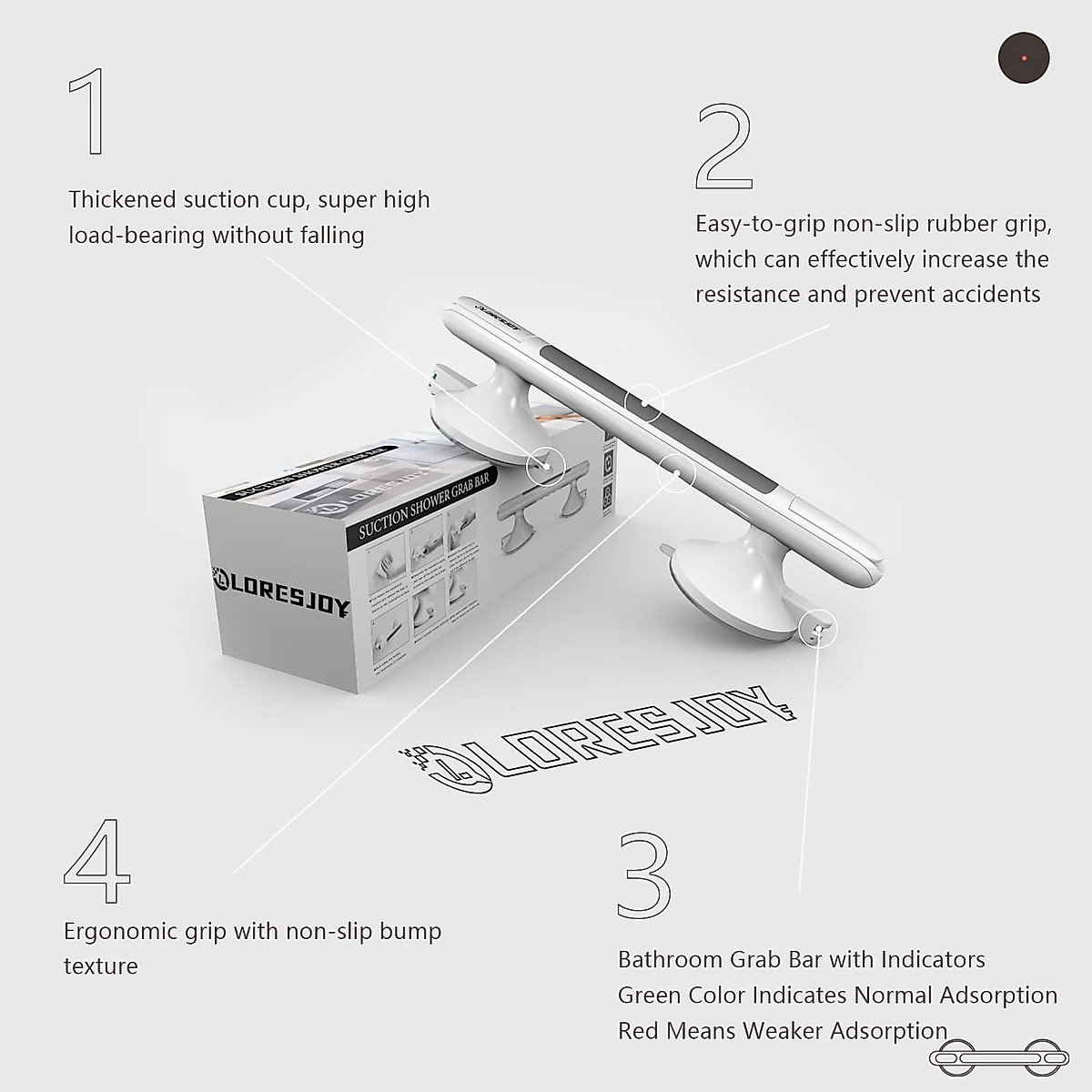 LORESJOY Handicap Grab Bars for Bathtubs and Showers, 12 inch Grab Bars for Bathroom with Indicators, Suction Cup Shower Handle for Elderly, Balance Assist Safety Bath Handle Bathroom Balance Bar