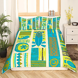 Exotic Tiki Pattern Duvet Cover, Tropical PineBedding Set, Tribal Style For Kids Boys Girls Comforter Cover, Abstract Ocean Beach Quilt Cover Bed Decor With 2 Pillow Shams Queen Size, Blue