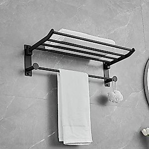 JunSun Foldable Towel Rack with Towel Bar 24-Inch Stainless Steel Multifunctional Bathroom Towel Shelf Towel Holder Modern Towel Hanger Bathroom Accessories Storage Shelf Wall Mounted Matte Black