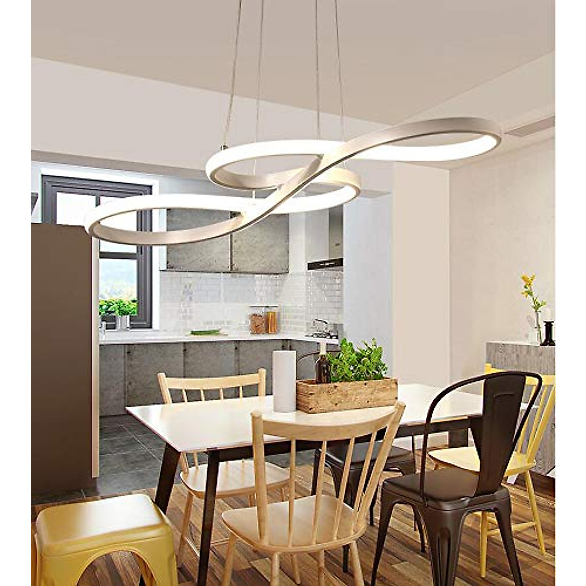 Modern Pendant Lighting White LED Pendant Light for Contemporary Living Dining Room Kitchen Island Dimmable Chandelier Dimming Ceiling Lamp Minimalist Wave Hanging Light Fixture with Remote (White)