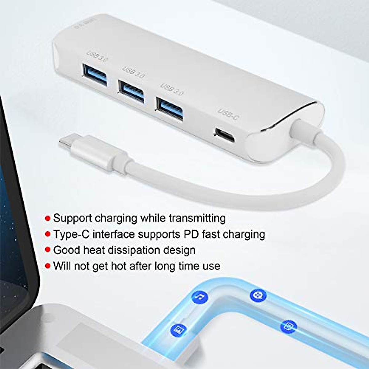 USBC Hub, Smart 4Port USB3.0 with PD Changer Converter USB Splitter Computer Accessories Supports OTG and PD 3.0 Fast Charging